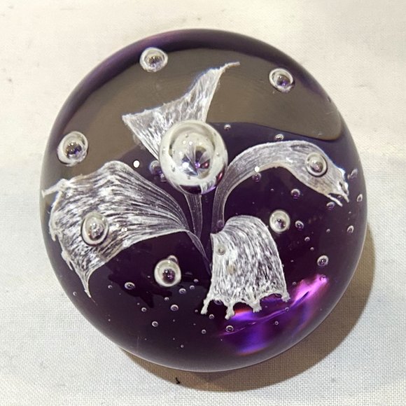 Office | Art Glass Ball Paperweight Purple W White Flower Controlled ...